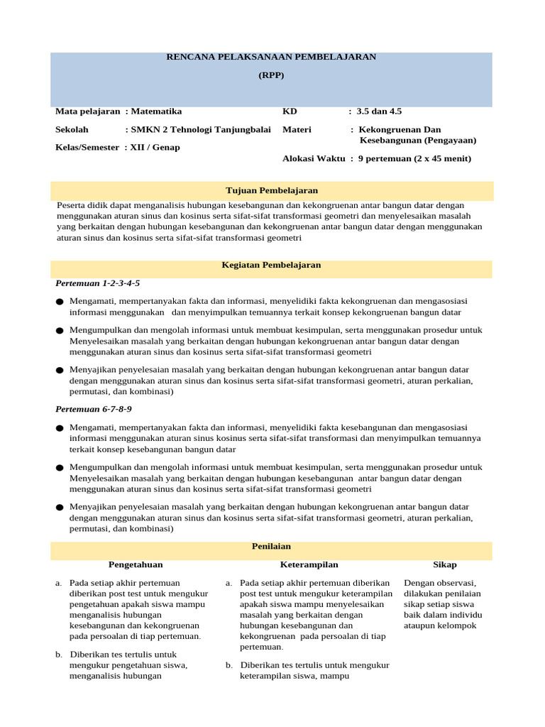 RPP BAB 4 Kekongruenan Dan Kesebangunan (Pengayaan) SMK KELAS XII FZ | PDF