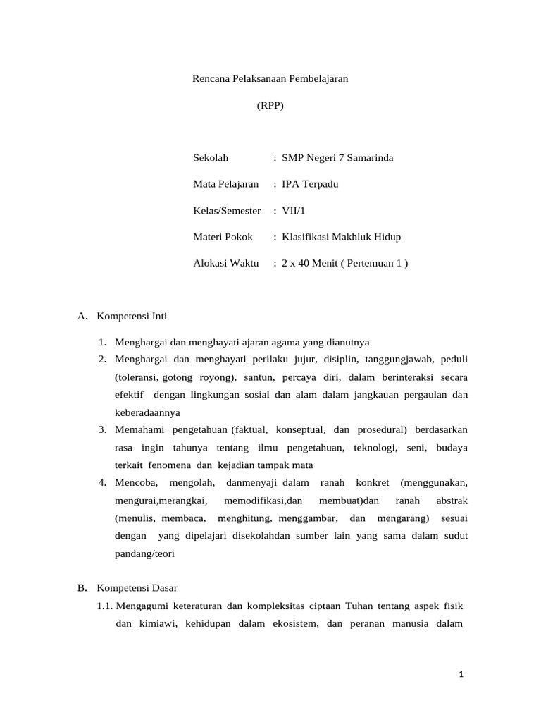 RPP Klasifikasi Makhluk Hidup Kelas VII | PDF