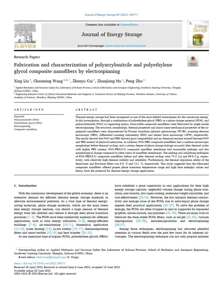 Fabrication and Characterization of Polyacrylonitrile and Polyethylene Glycol Composite ...