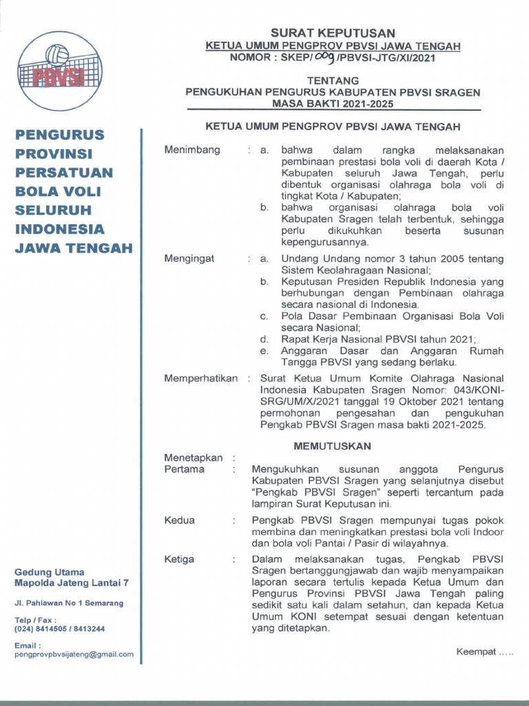 Skep Pbvsi Pengkab. Sragen 2021-2025 | PDF