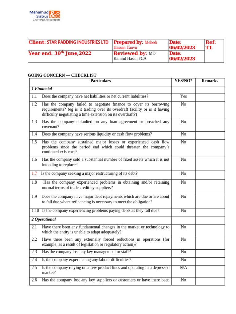 T1 Going Concern Checklist | PDF
