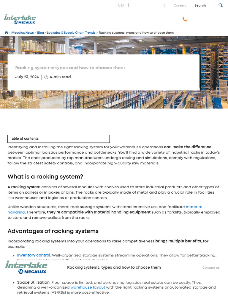 Racking Systems - Types and How To Choose - Interlake Mecalux | PDF