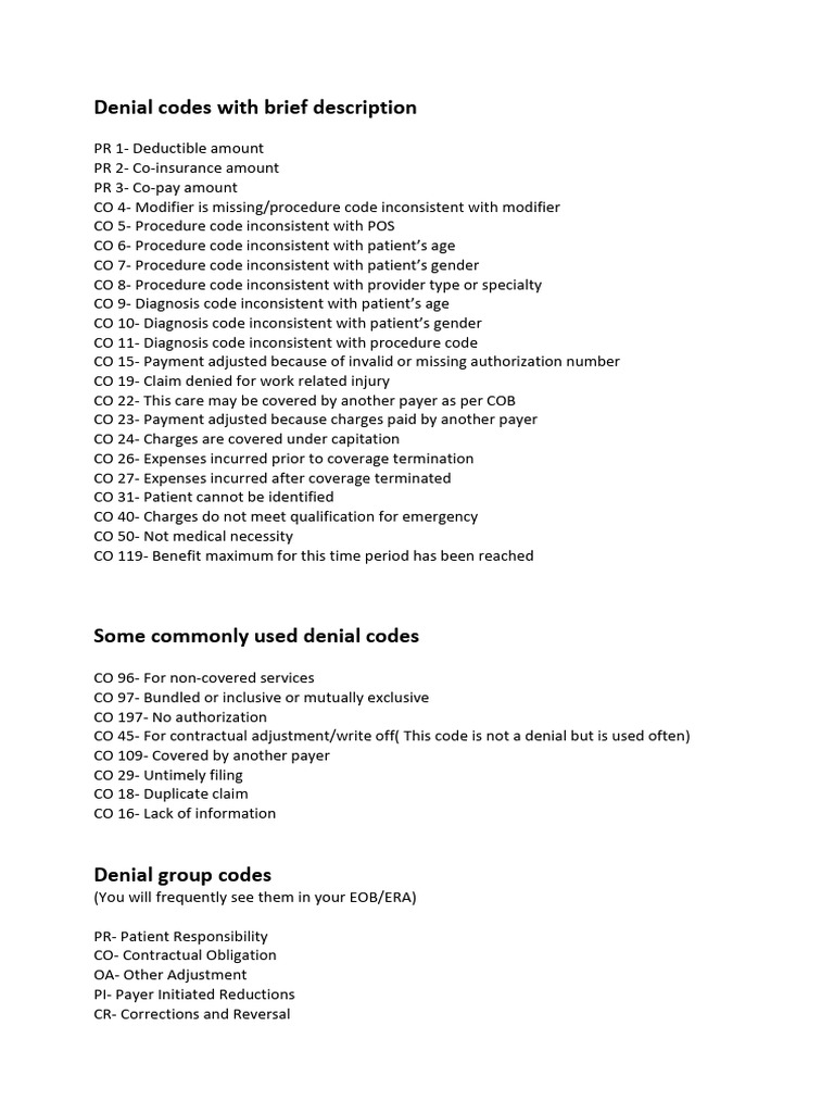 Denial Codes | PDF