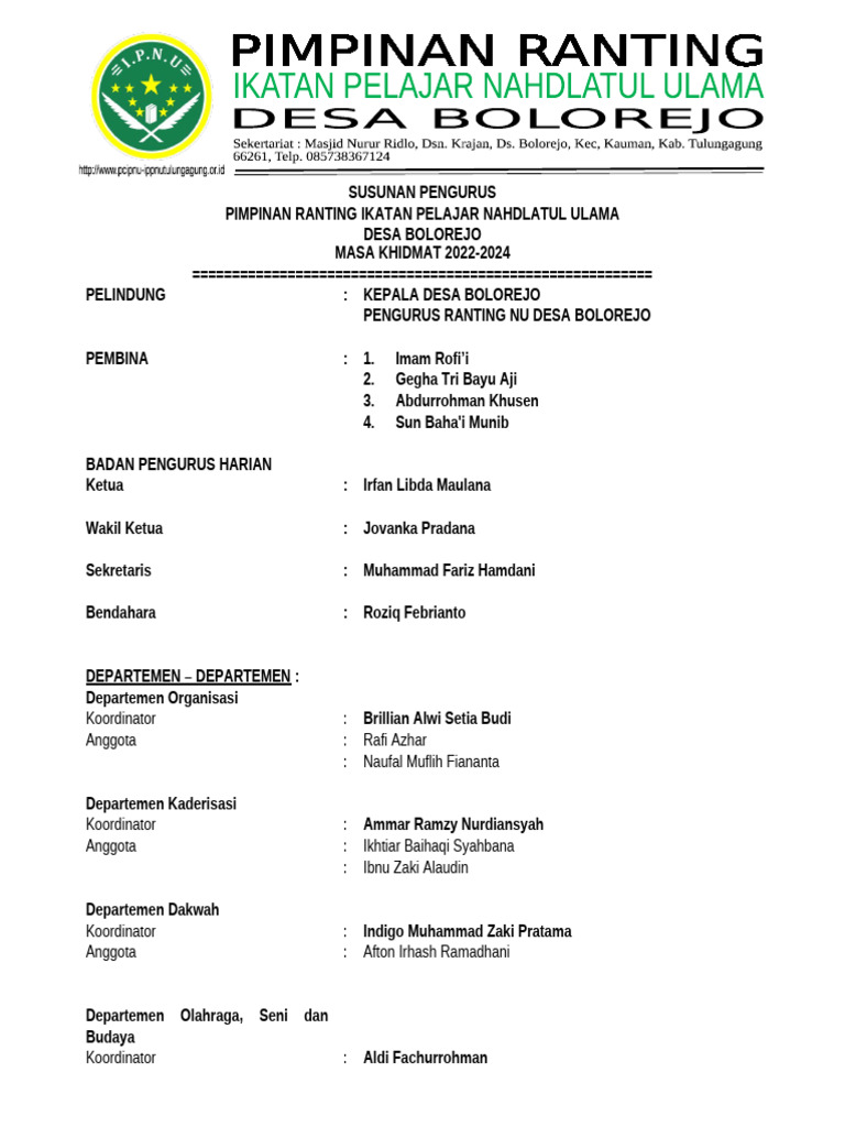 PR IPNU BOLOREJO Susunan Pengurus | PDF