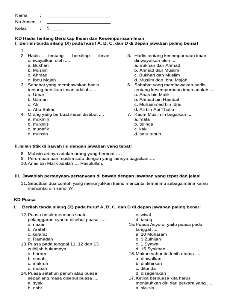 Ulangan 2 PAI Kelas 5 | PDF