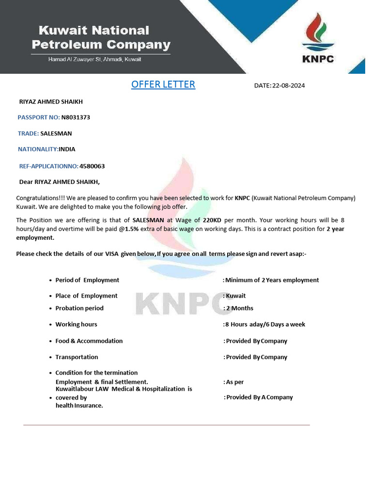 KNPC Kuwait Offer Letter Riyaz Ahmed Shaikh | PDF