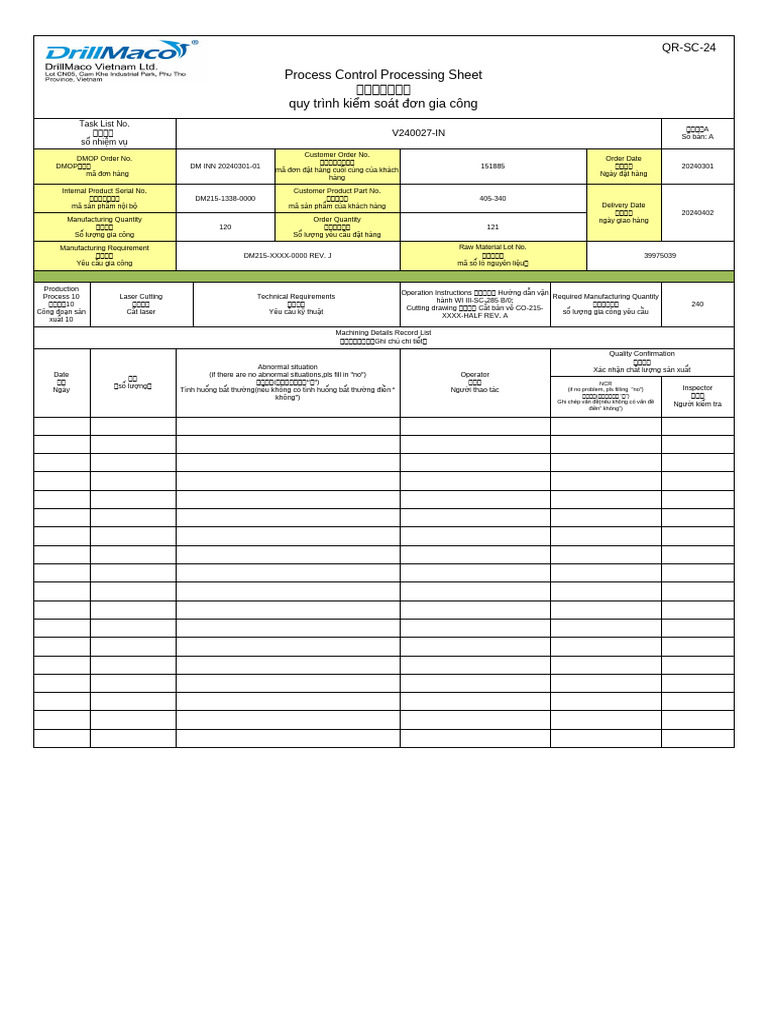 Process Control Processing Sheet 过过过过过过过 quy trình kiểm soát đơn gia ...