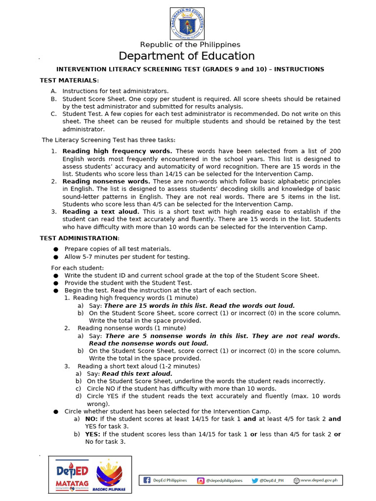 2024 Intervention English Screening Test G9-G10 - With Instructions ...