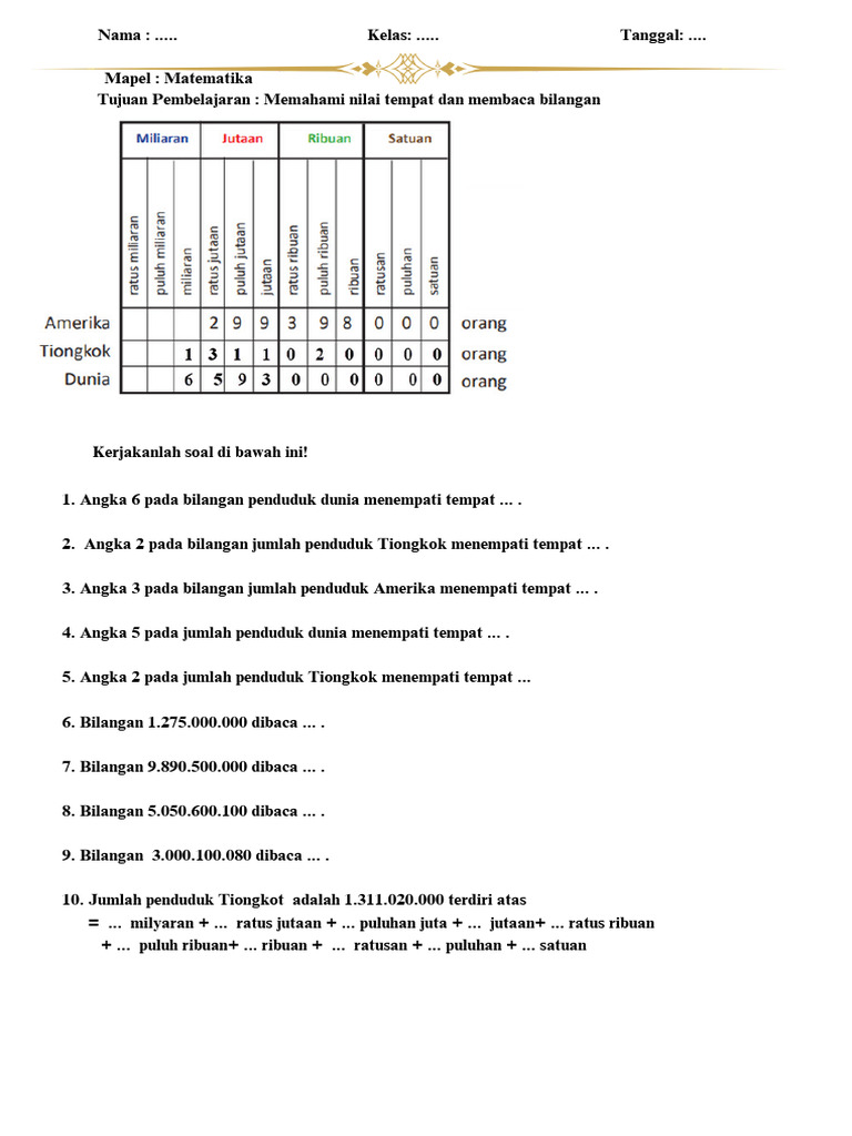 LKPD MTK 4 Bab 1 Nilai Tempat | PDF