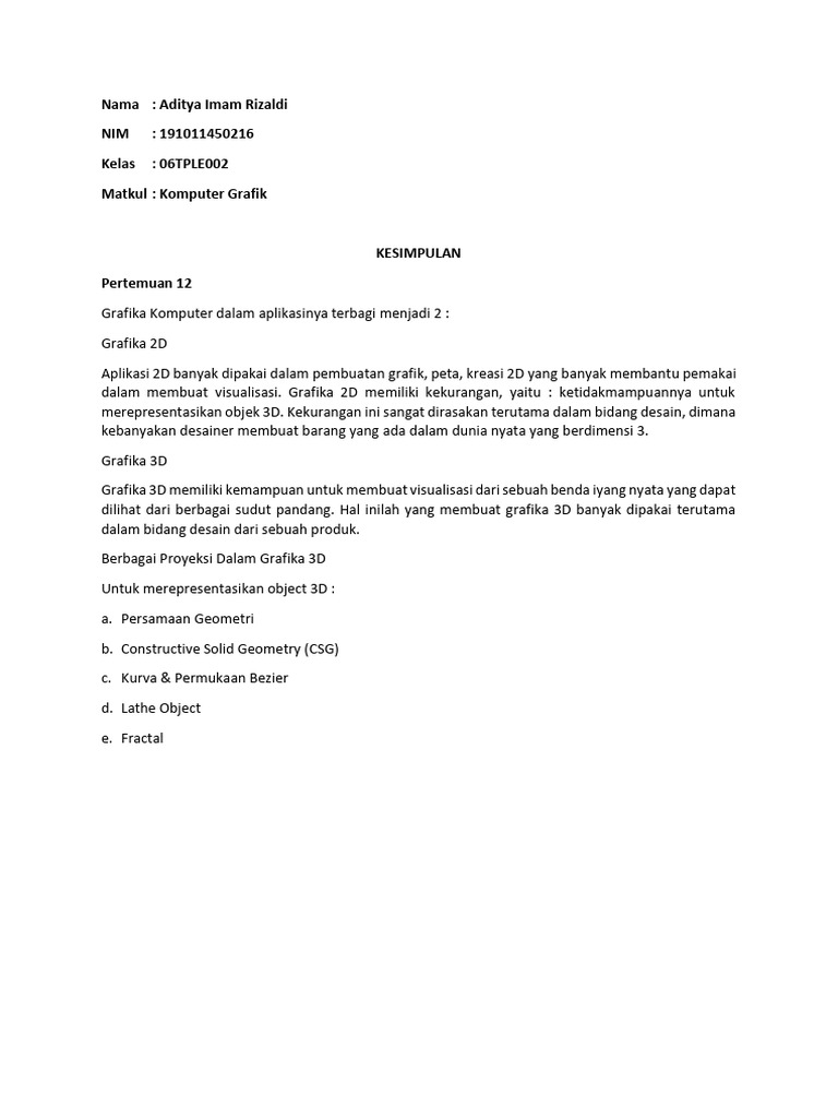 Komputer Grafik1 Kesimpulan 12-14 Aditya Imam Rizaldi | PDF