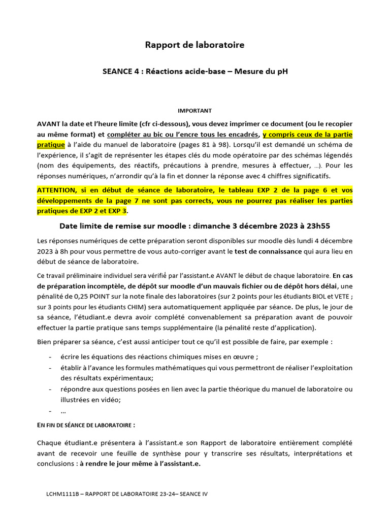 LCHM1111B LABO Séance 4 Rapport de Laboratoire (23-24) | PDF
