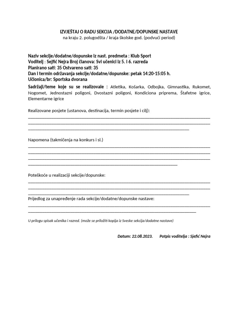 Izvjestaj o Radu Vannastavnik Aktivnosti OBRAZAC | PDF