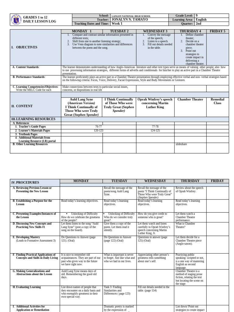 School: Grade Level: Teacher: Learning Area: Teaching Dates and Time ...