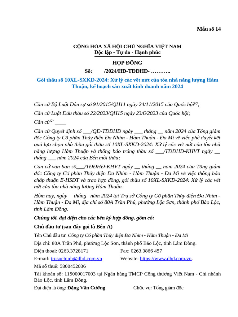 Chuong VIII_Bieu Mau Hop Dong Goi 10XL-SXKD-2024 | PDF