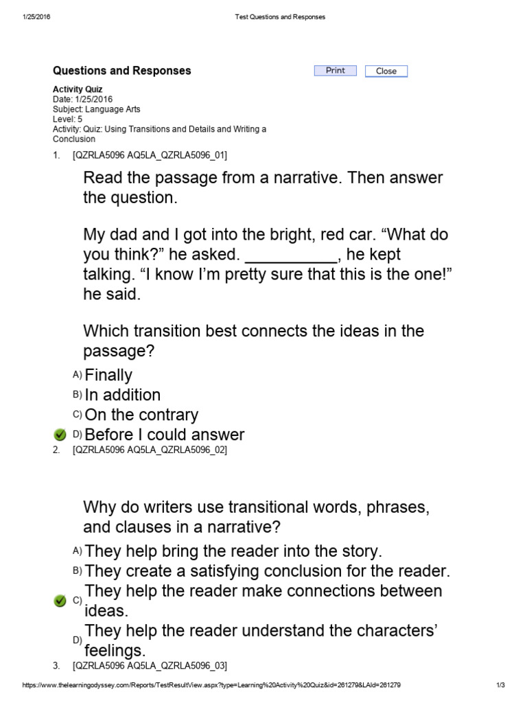 Activity Quiz - Using Transitions and Details and Writing A Conclusion | PDF