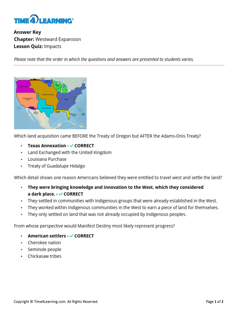 Westward Expansion Impacts Quiz Answer Key | PDF