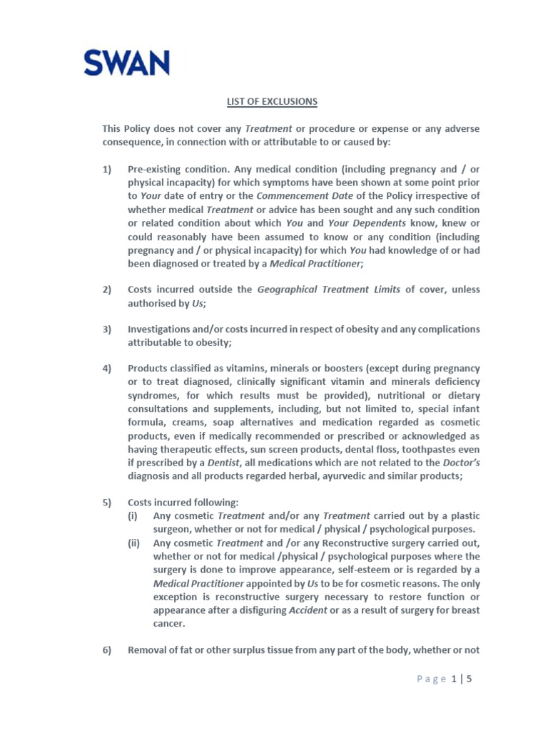 List of Exclusions | PDF