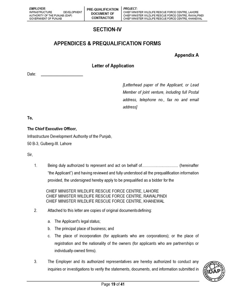 Section-Iv Appendices & Prequalification Forms: Appendix A Letter of ...