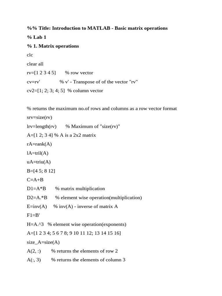 Week1 Introduction To Matlab | PDF