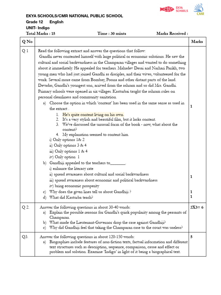 Gr12 Indigo Chapter Test | PDF