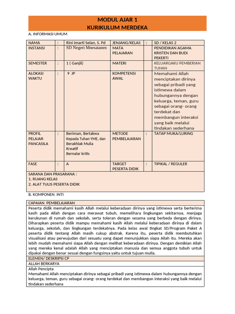 Modul Ajar 1 Fase A Kelas 2 SD | PDF