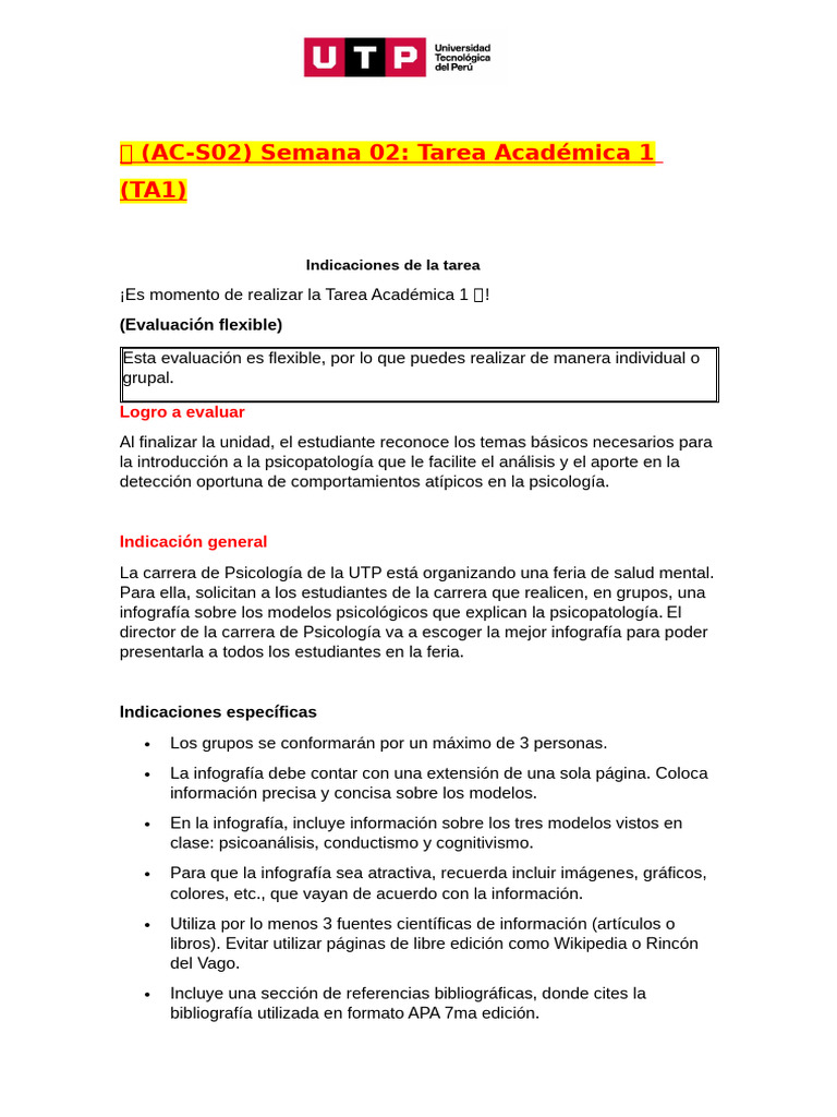 ? (AC-S02) Semana 02 Tarea Académica 1 (TA1) - Psicopatologia | PDF