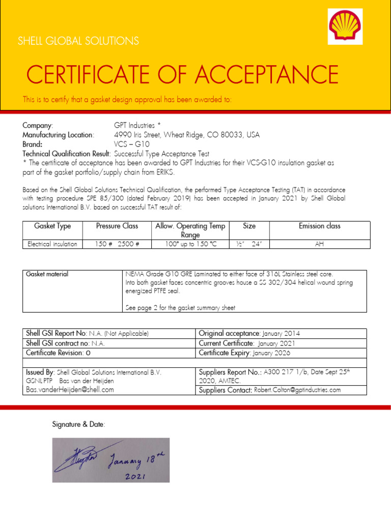 2021 TAT Certificate Insulation Gasket GPT VCS G10 | PDF