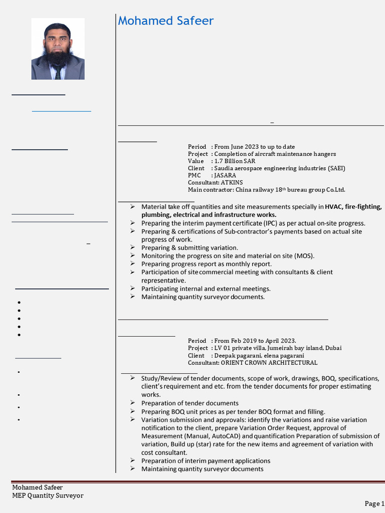 Mohamed Safeer-MEP Quantity Surveyor-Cost Manager | PDF