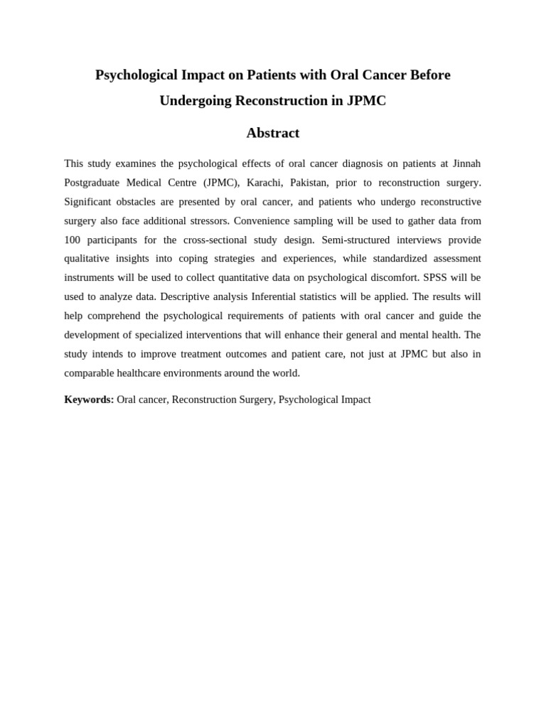 Psychological Impact On Patients With Oral Cancer Before Undergoing Reconstruction in JPMC-2 | PDF