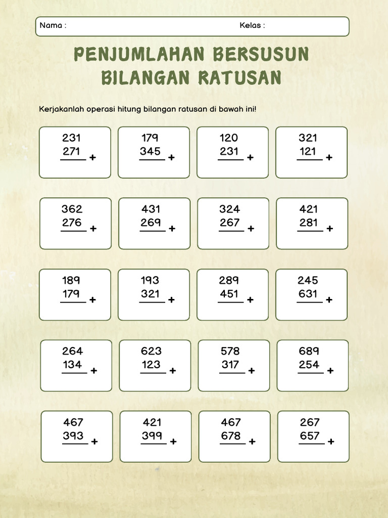 Penjumlahan Bersusun Bilangan Ratusan Lembar | PDF
