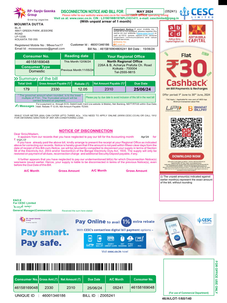 Summary of The Bill: Disconnection Notice and Bill For | PDF | Rebate ...