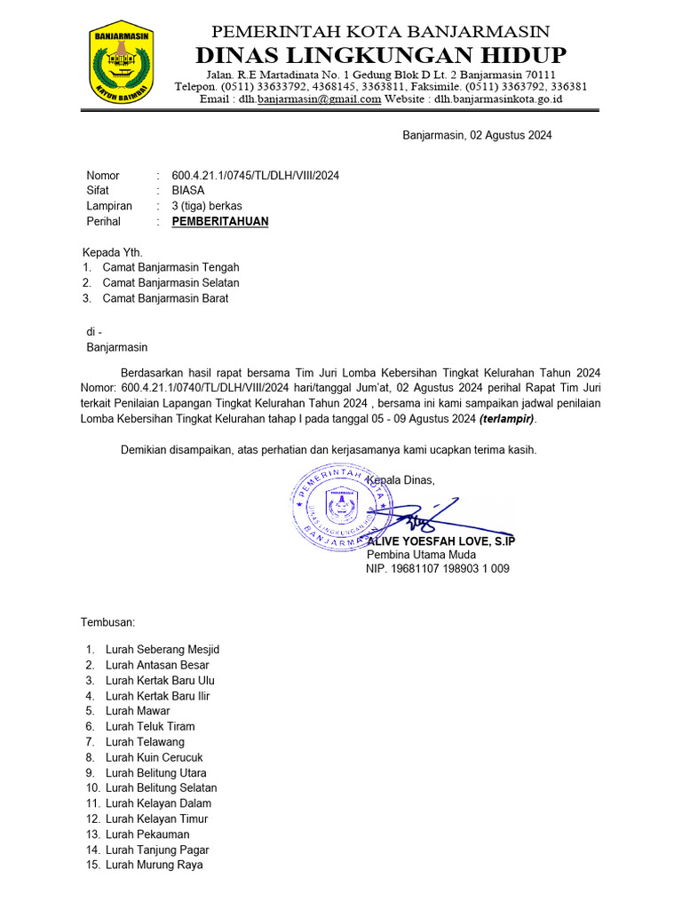 SURAT PEMBERITAHHUAN LOMBA KEBERSIHAN TAHAP 1 2024 | PDF