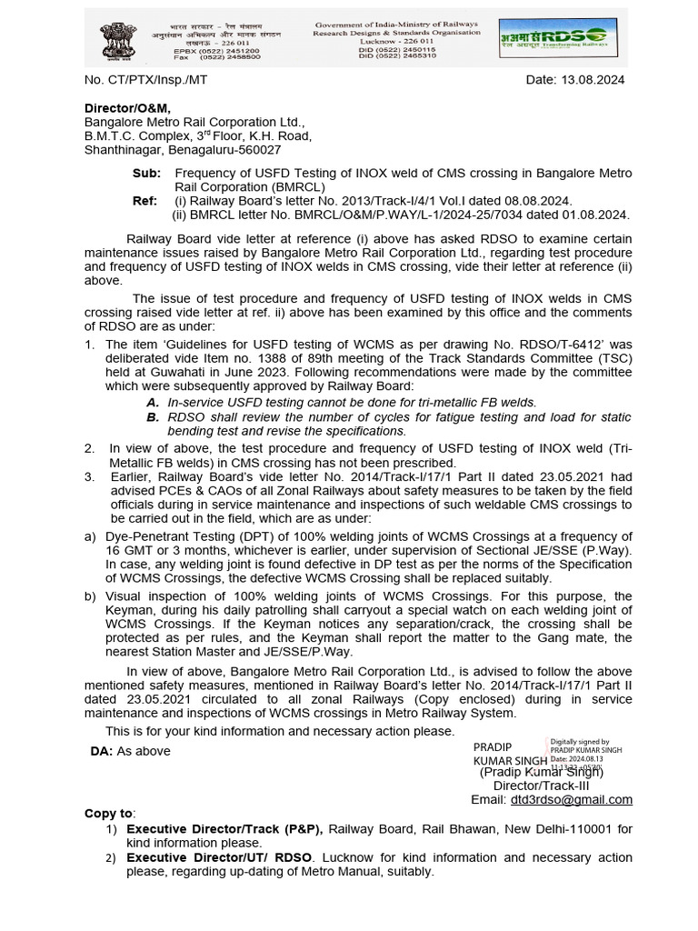 RDSO Letter No. CT - PTX - Insp. - MT Dated 13.08.2024 | PDF | Rail ...
