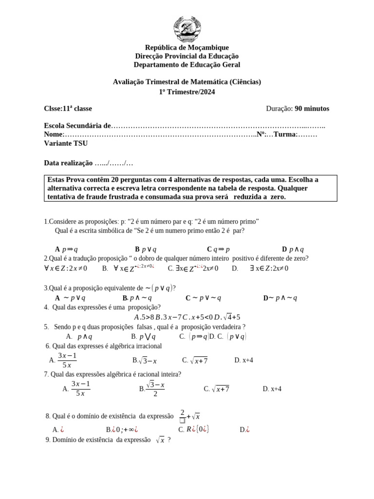 Teste de Matematica | PDF