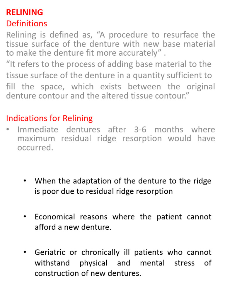 Relining Techniques in Prosthodontics | PDF | Dentures | Dentistry Branches