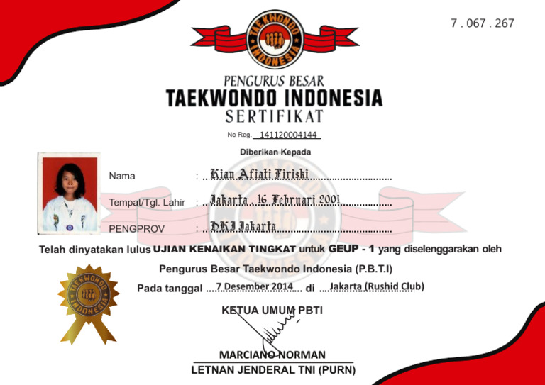 Sertifikat Taekwondo Geup 1 | PDF