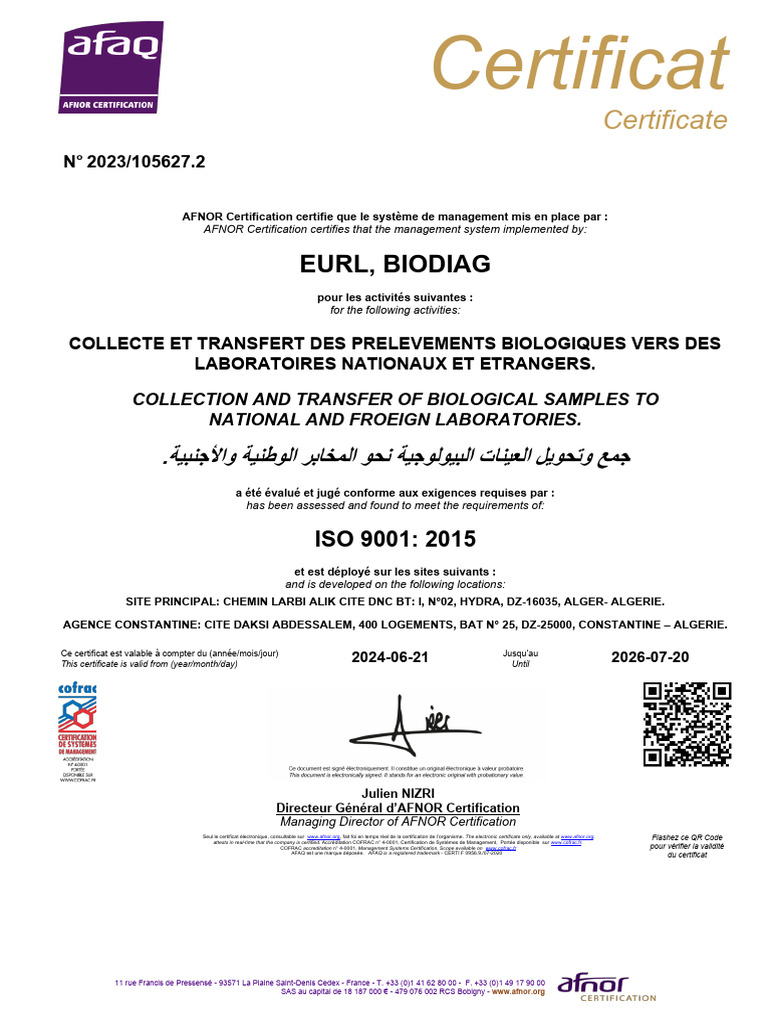 Biodiag-Certificat Iso 9001 V 2015 | PDF
