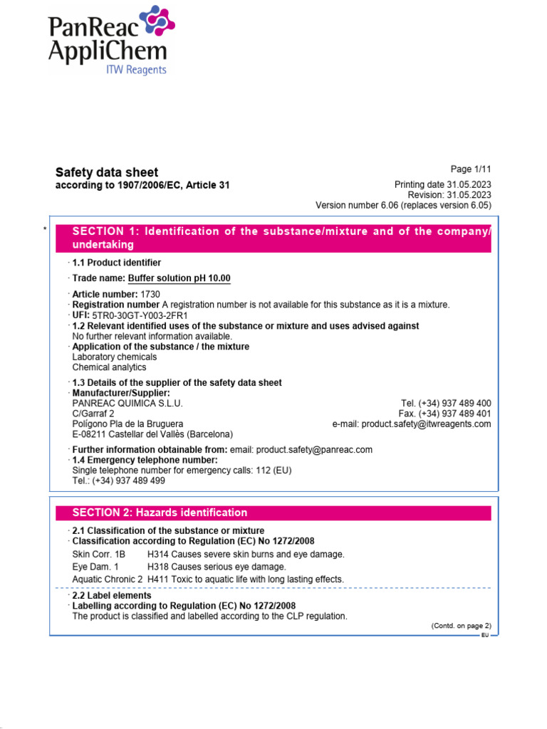 MSDS - Buffer Solution PH 10 - Panreac | PDF