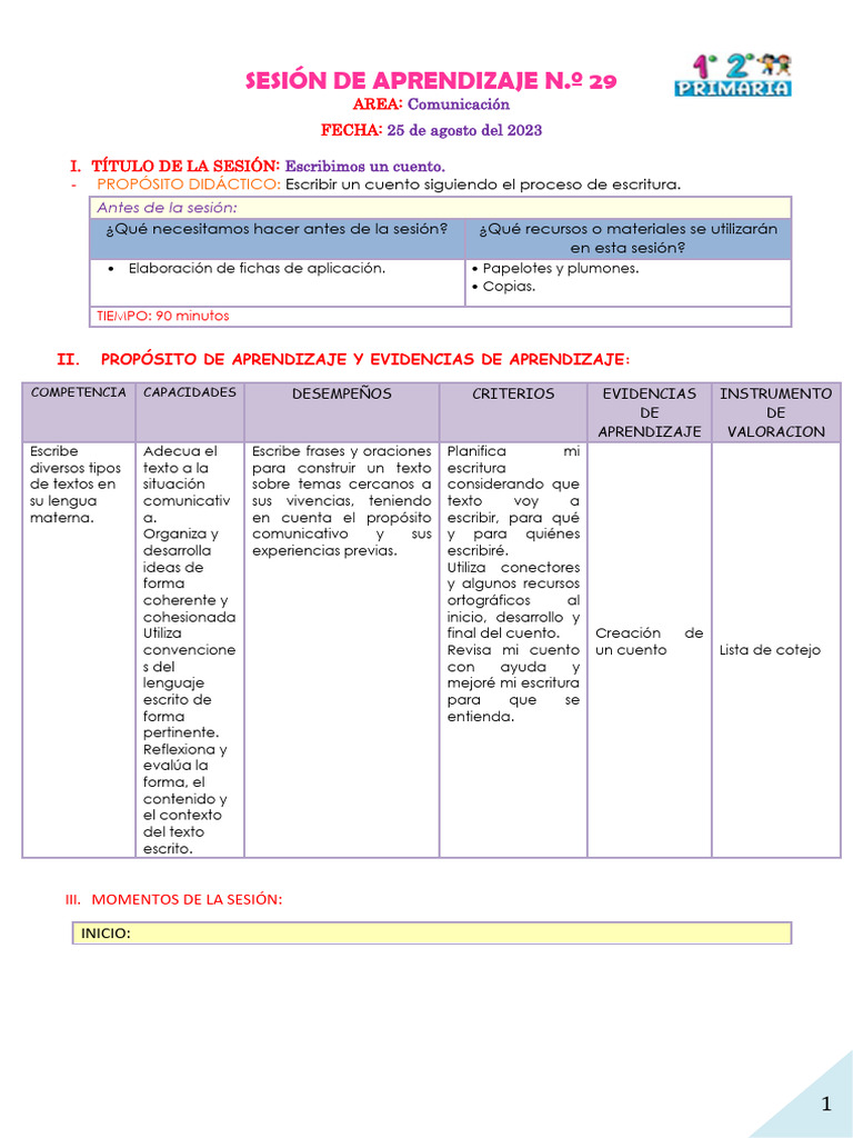 SESION 29-III CICLO-COM-Escribimos Un Cuento. | PDF