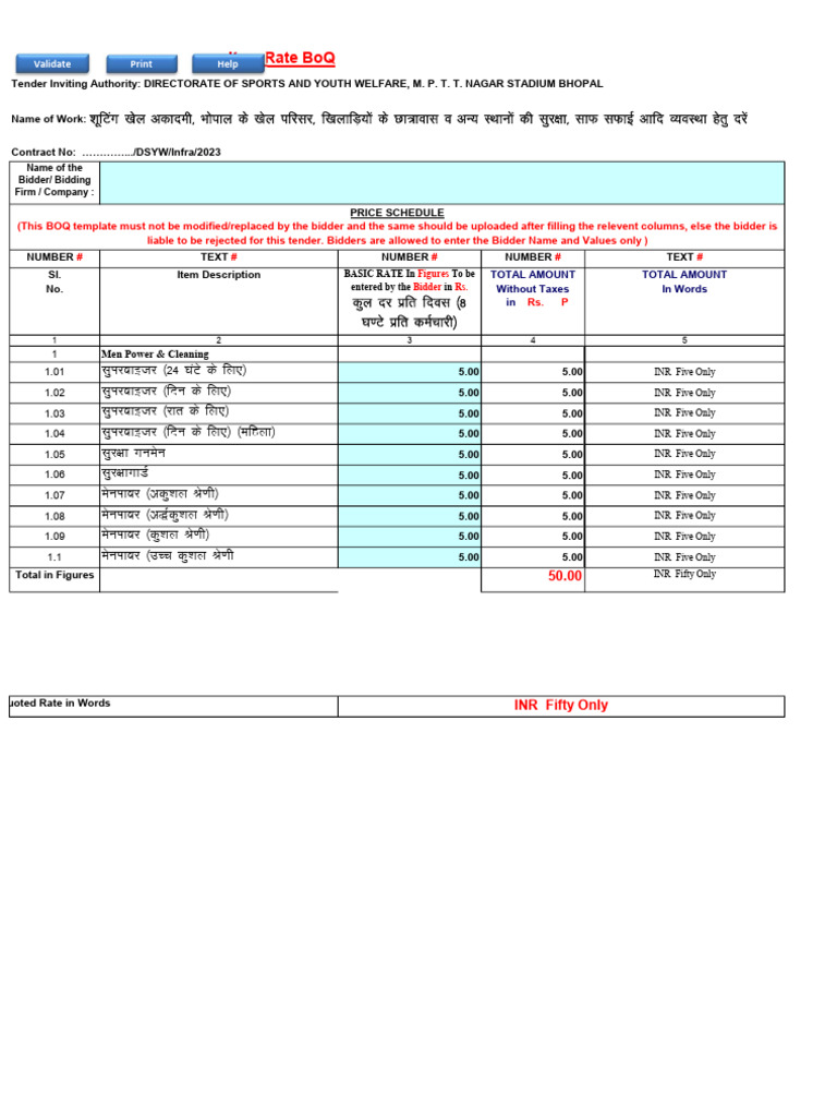 Item Rate Boq: Validate Print Help | PDF