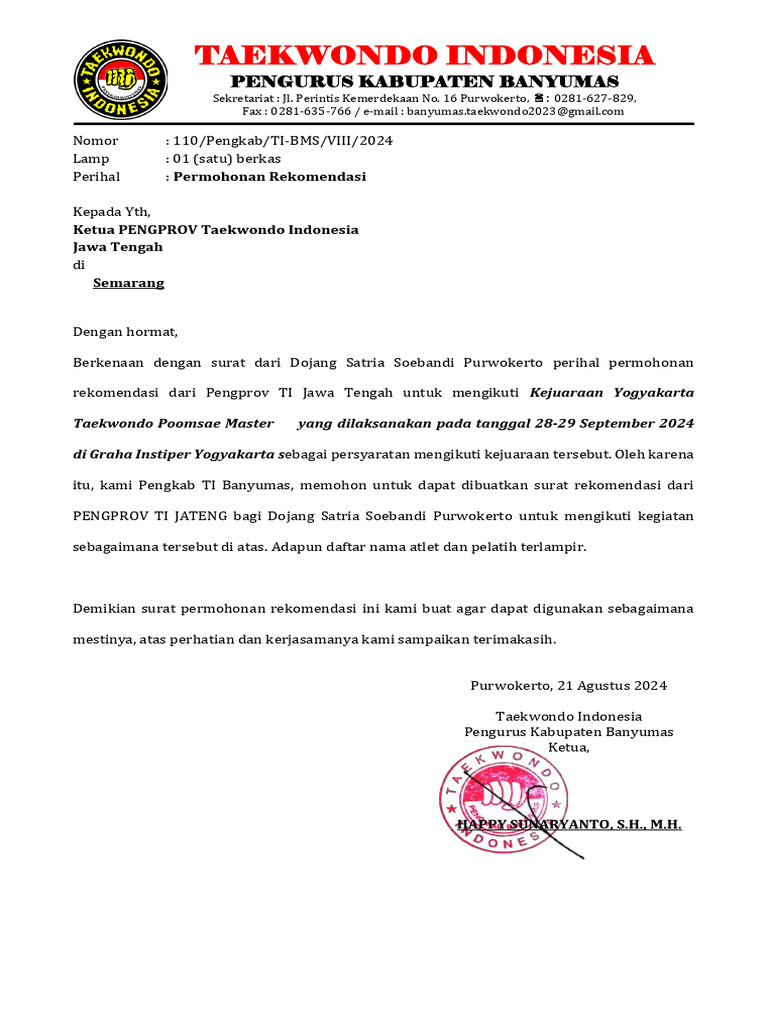 Permohonan Rekom Master Poomsae Satria Soebandi-Digabungkan | PDF