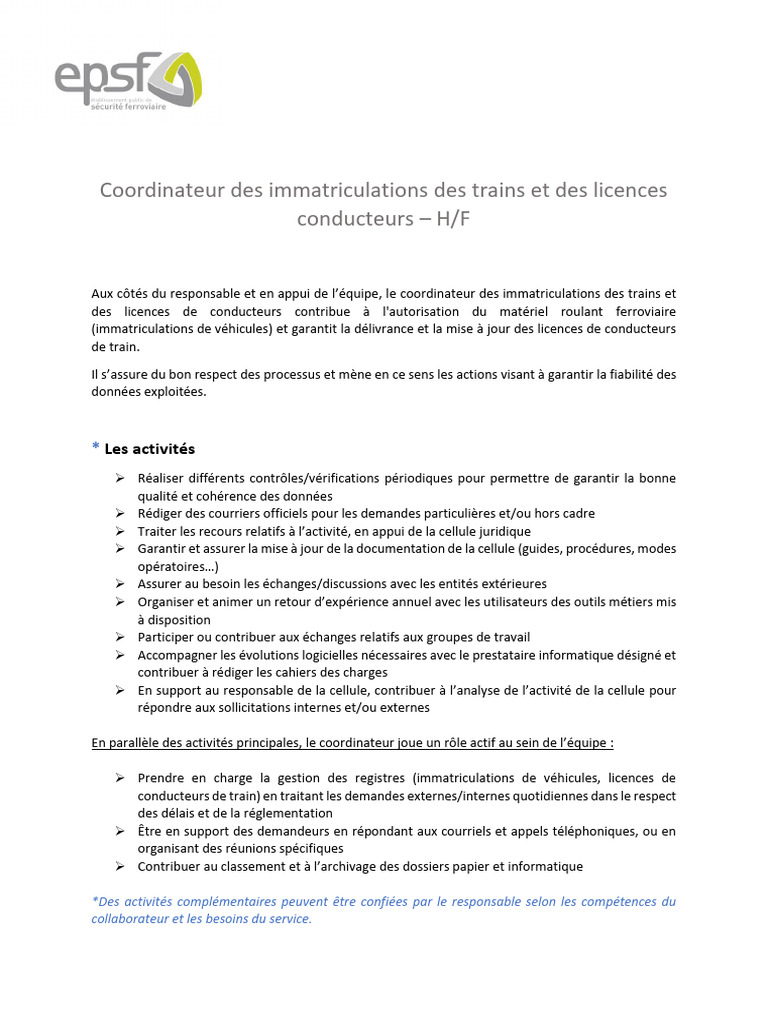 Coordinateur Des Immatriculations Des Trains Et Des Licences ...