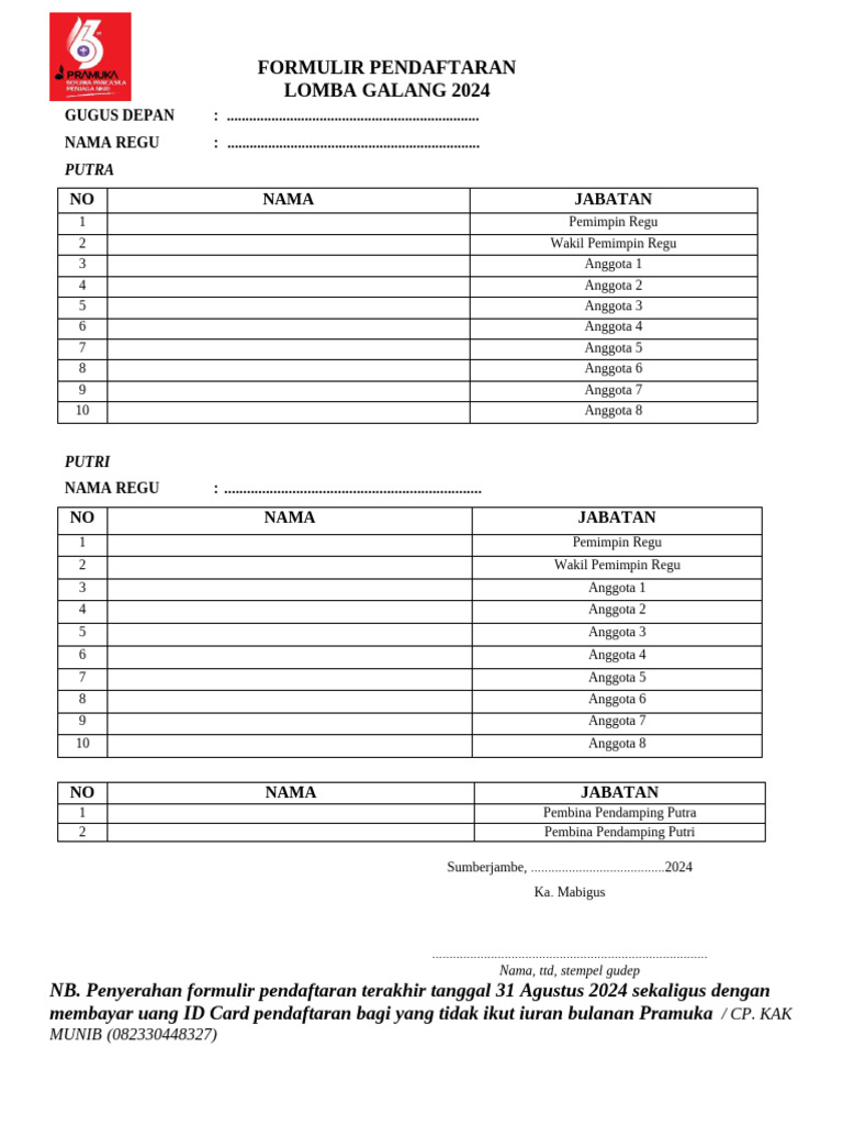 Formulir Pendaftaran Lomba Galang Pramuka 2024 - 112314 | PDF