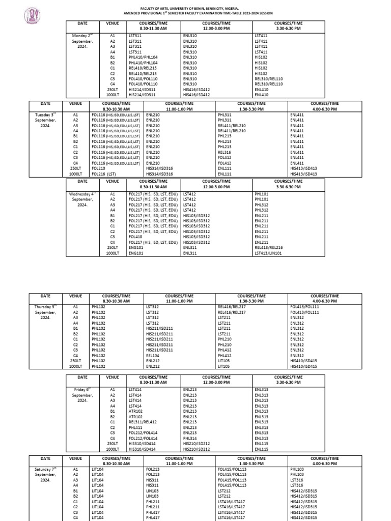 Amended Provisional 1st Semester Faculty of Arts Exam Timetable 2023-2024 | PDF