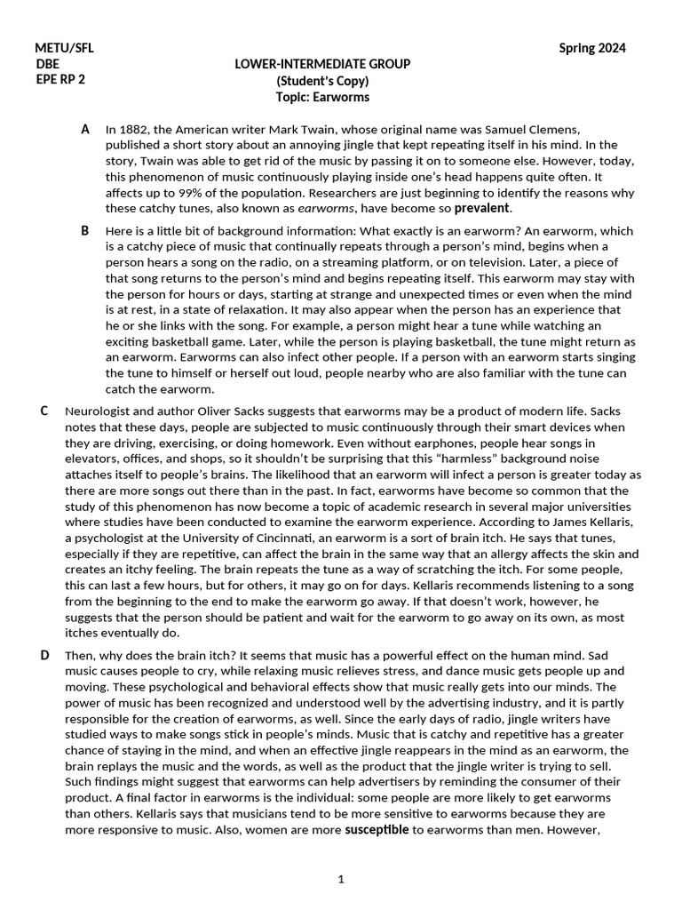 EPE RP 2 Earworms Student | PDF