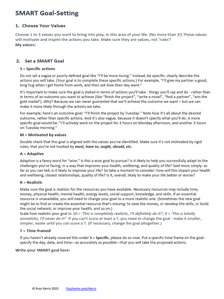 Five Steps Worksheet - Values, SMART Goals, Motivation, Obstacles, and ...