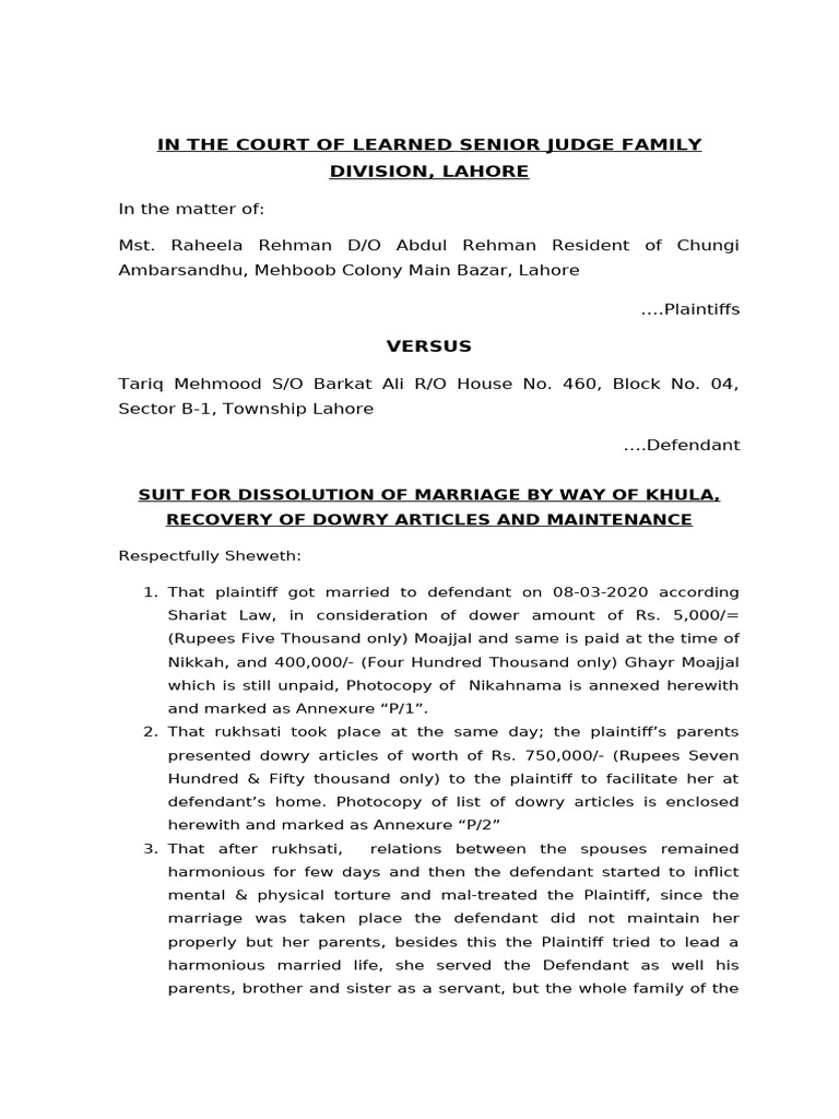 Suit For Dissolution of Marriage Tahir Sab | PDF