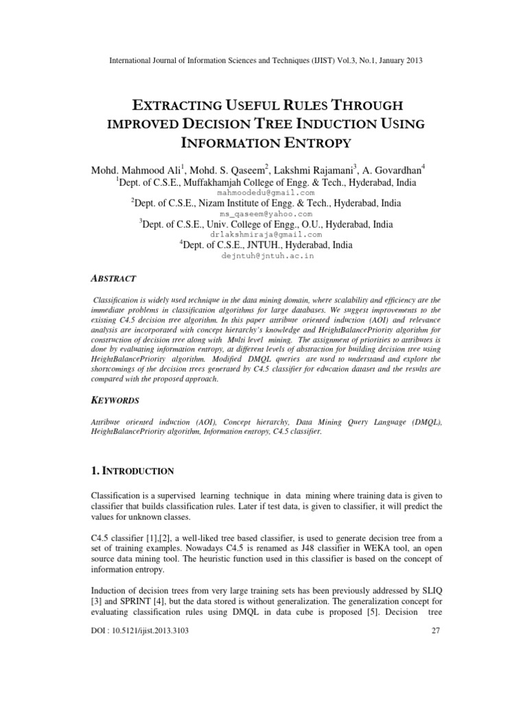 Extracting Useful Rules Through Improved Decision Tree Induction Using Information Entropy | PDF ...
