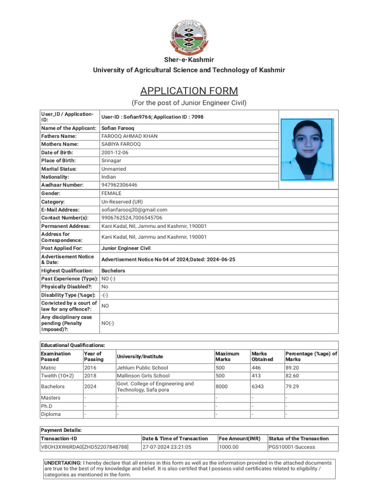 Skuast Kashmir Online Application Pdf