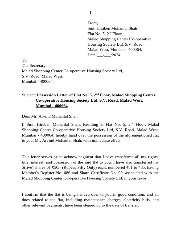 Posession Letter Format | PDF